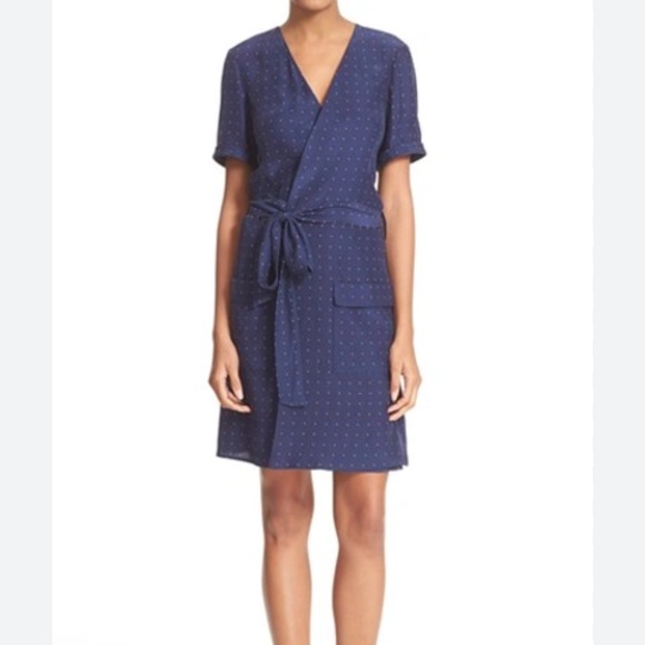 Frame Denim | Dresses | Frame Blue Polka Dot Silk Short Sleeve Tie Wrap ...